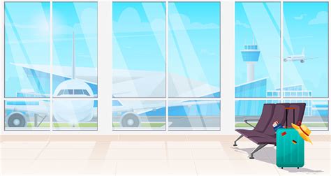 공항 터미널 내부 배경 배너입니다 빈 대기 라운지 여행자 수하물이있는 출발 홀 파란색 여행 가방 포스터 비행기 항공기 큰 창