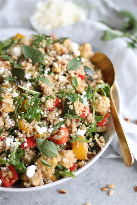 Balsamic Roasted Veggie Quinoa Salad With Feta Arugula And Basil