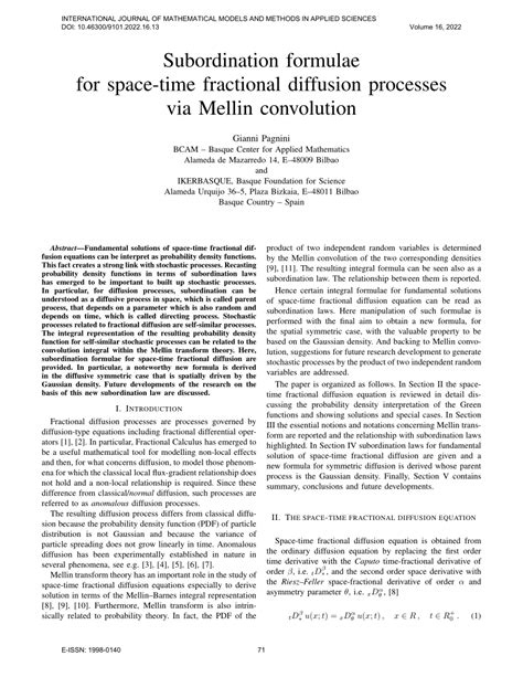Pdf Subordination Formulae For Space Time Fractional Diffusion Processes Via Mellin Convolution