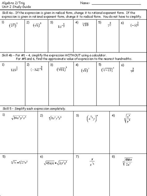 Algebra Trig Unit Study Guide Name Vocabulary
