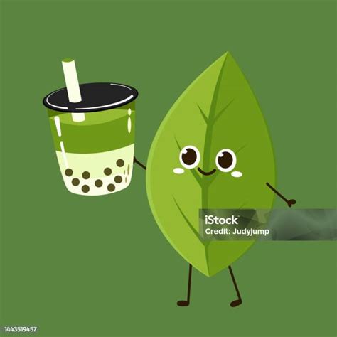 찻잎 캐릭터 녹색 배경에 찻잎 말차 캐릭터 디자인 거품 녹차 우유 벡터 로고입니다 아이스 녹차 라떼 테이크아웃 컵 벡터 삽화 마카차에 대한 스톡 벡터 아트 및 기타 이미지