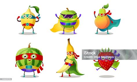 마스크와 망토에 슈퍼 히어로 인간화 문자 과일과 베리의 집합입니다 평면 만화 스타일의 벡터 일러스트레이션입니다 과일에 대한 스톡 벡터 아트 및 기타 이미지 Istock