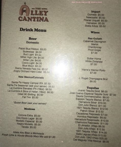 Menu At The Alley Cantina Pub And Bar Taos