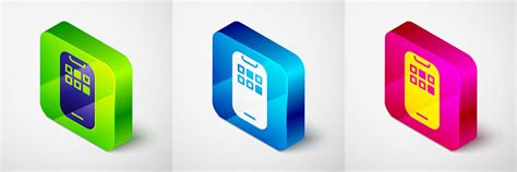 회색 배경에 격리된 아이소메트릭 모바일 앱 아이콘 화면 아이콘 응용 프로그램과 스마트 폰 휴대 전화 표시 화면 사각형 버튼 벡터 3차원 형태에 대한 스톡 벡터 아트 및 기타