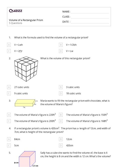 Volume Of A Rectangular Prism Worksheets For Th Grade On Quizizz Free Printable