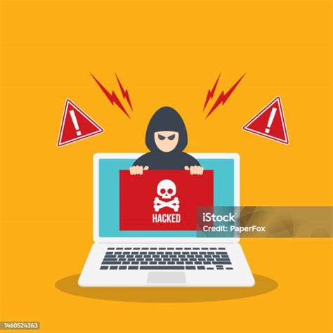 Hacker Warning On Laptop Emergency Alert Of Threat By Hacker Hacking Concept Flat Vector