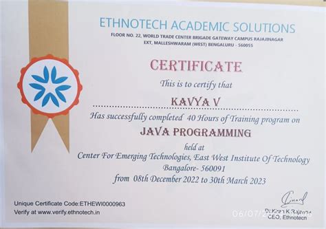Kavya V On Linkedin Java Ethnotech Centerforemergingtechnologies