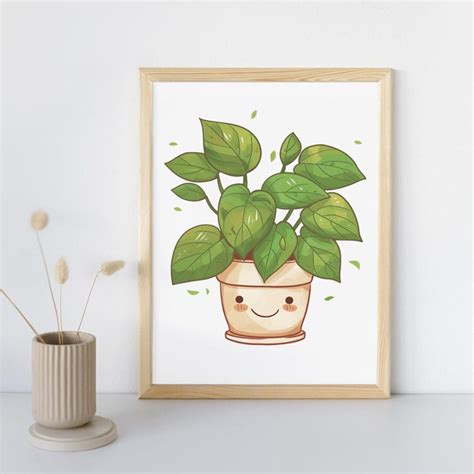 Cute Pothos Plant In Pot Kawaii Cartoon For Home Decor Nursery Print