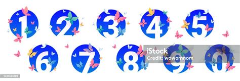 흰색과 파란색 배경에 숫자가 설정된 아름다운 나비의 벡터 일러스트레이션 나비와 숫자로 디자인 0에 대한 스톡 벡터 아트 및 기타 이미지 Istock