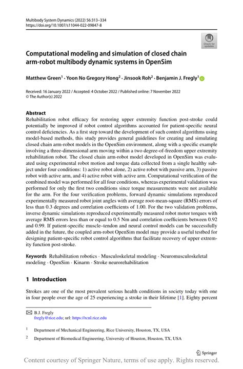 Pdf Computational Modeling And Simulation Of Closed Chain Arm Robot Multibody Dynamic Systems