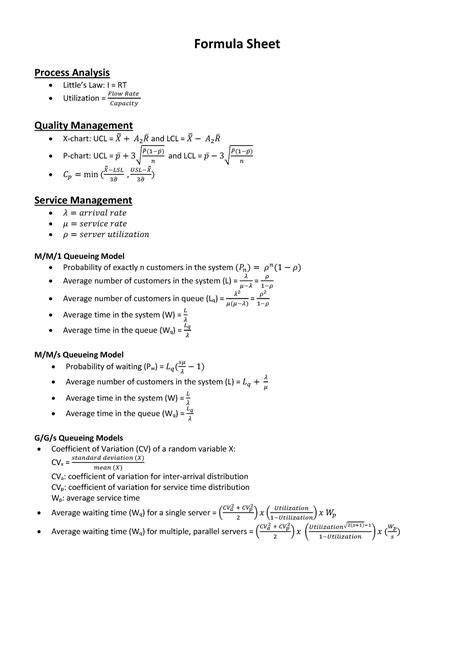 Fa22 Isom2700 Midterm Formula Sheet Formula Sheet Process Analysis • Littles Law I Rt