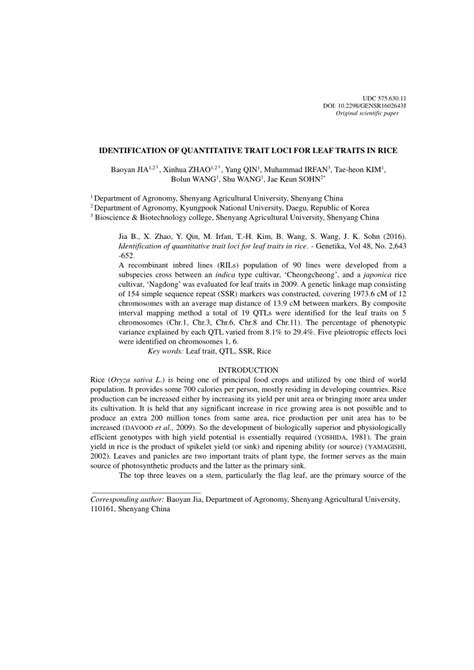 Pdf Identification Of Quantitative Trait Loci For Leaf Traits In Rice