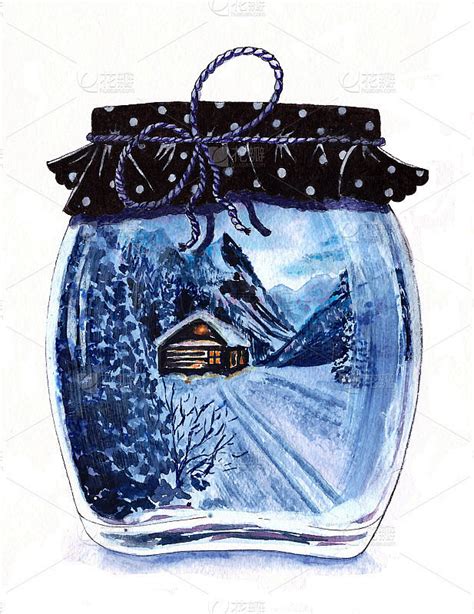 冬天在一个玻璃罐里水彩画