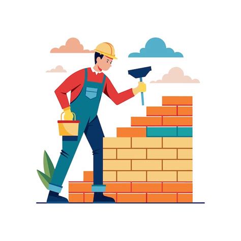 벽돌과 건물을 만드는 건설 노동자 프리미엄 벡터