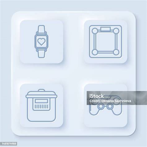 세트 라인 심장 박동 속도 욕실 저울 슬로우 쿠커 및 게임 패드를 보여주는 스마트 시계 흰색 사각형 버튼 벡터 건강한 생활방식에 대한 스톡 벡터 아트 및 기타 이미지