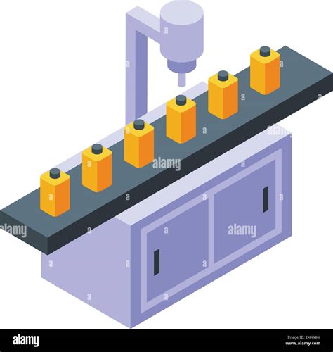 Vector Illustration Of An Isometric Assembly Line With Robotic Arm And Products Stock Vector