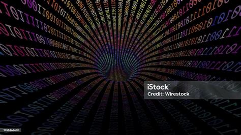검은색 배경에 아래쪽으로 기울어진 다채로운 이진 코드로 구성된 터널의 그림 개념에 대한 스톡 사진 및 기타 이미지 개념