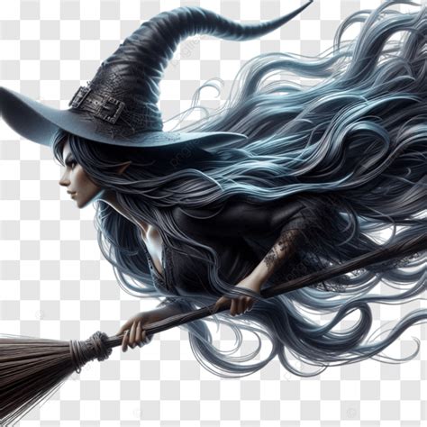 흰색 배경에 빗자루를 타고 날아다니는 긴 머리를 가진 마녀의 벡터 그림 긴 머리를 날고 있는 마녀의 벡터 그림 흰색 배경에 빗자루에 마녀 벡터 Png 일러스트 및