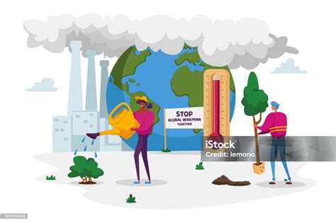 지구 온난화 환경 오염 지구 난방 영향 Co2 가스와 연기를 방출하는 공장 파이프에 대해 녹색 식물급수 및 심기 의 문자 관리 만화 사람 벡터 일러스트 기후 변화에 대한