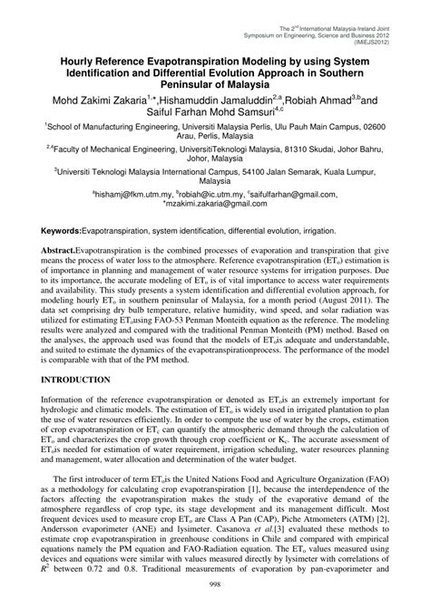 Pdf Hourly Reference Evapotranspiration Modeling By Using System Identification And