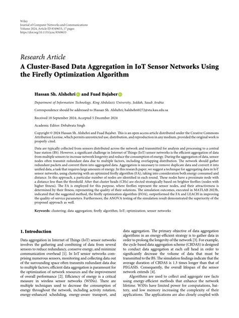 Pdf A Cluster Based Data Aggregation In Iot Sensor Networks Using The Firefly Optimization