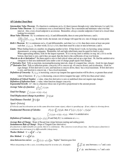 Printable Calculus Cheat Sheet Ap Calc Cheat Sheet Docsity Images And