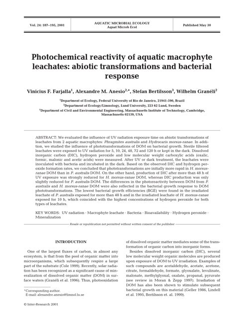 Pdf Photochemical Reactivity Of Aquatic Macrophyte Leachates Abiotic
