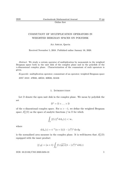 Pdf Commutant Of Multiplication Operators In Weighted Bergman Spaces On Polydisk