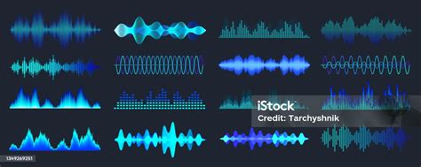 블루 컬러풀 한 음파 컬렉션 아날로그 및 디지털 오디오 신호 음악 이퀄라이저 간섭 음성 녹음 고주파 전파 벡터 일러스트레이션 라디오 전파에 대한 스톡 벡터 아트 및 기타