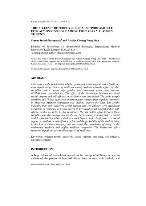 Pdf The Influence Of Perceived Social Support And Self Efficacy On