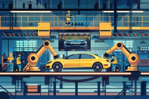 A Digital Illustration Depicting A Dynamic Car Assembly Line With A Digital Illustration Depicting A Dynamic Car Assembly Line With