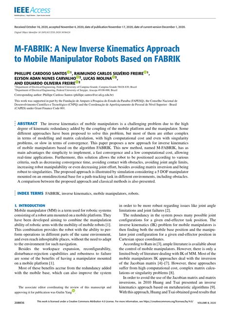 Pdf M Fabrik A New Inverse Kinematics Approach To Mobile Manipulator Robots Based On Fabrik