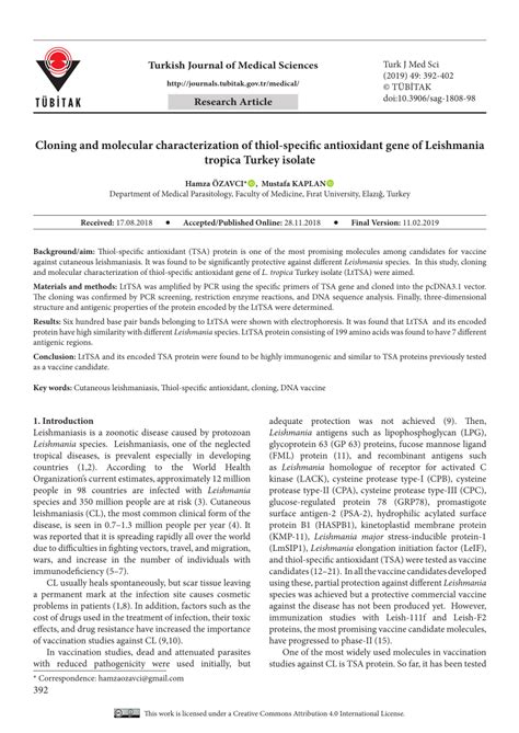 Pdf Cloning And Molecular Characterization Of Thiol Specific Antioxidant Gene Of Leishmania