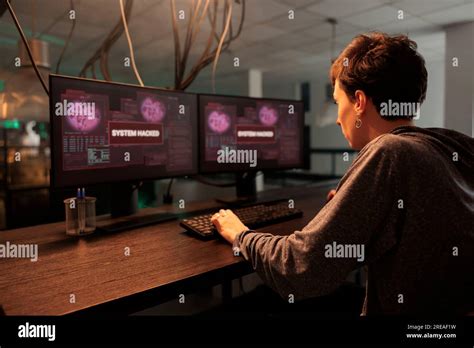 female hacker cracking password and breaking server encryption getting