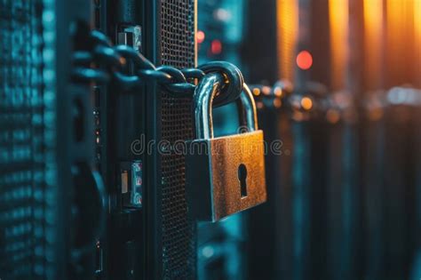 Security Lock On Server Rack With Network Cables And Data Storage Equipment In Background Stock