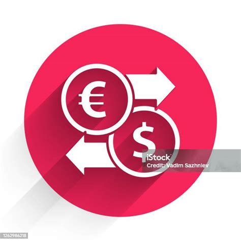 긴 그림자로 격리 된 화이트 머니 교환 아이콘 유로 및 달러 현금 전송 기호 은행 통화 기호 빨간색 원 버튼입니다 벡터 일러스트레이션 교환에 대한 스톡 벡터 아트 및 기타