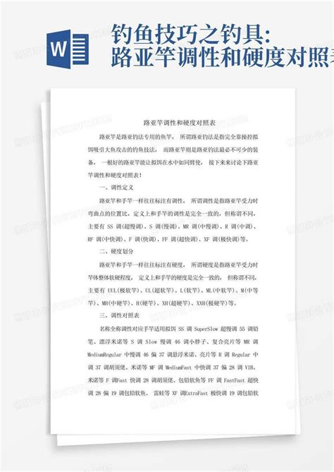 钓鱼技巧之钓具 路亚竿调性和硬度对照表Word模板下载 编号lzjxprxz 熊猫办公