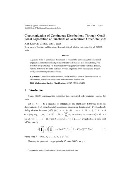 Pdf Characterization Of Continuous Distributions Through Conditional Expectation Of Function