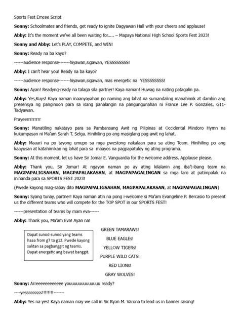 Sports Fest Emcee Script Pdf Cooking Food And Wine Art