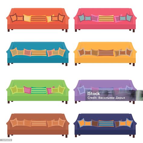 소파와 소파 다채로운 만화 일러스트 벡터 흰색 배경에 고립 된 인테리어 디자인을위한 편안한 라운지 세티 아이콘의 현대 모델 0명에 대한 스톡 벡터 아트 및 기타 이미지