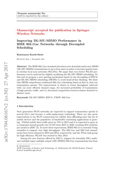 Pdf Improving Dl Mu Mimo Performance In Ieee 802 11ac Networks