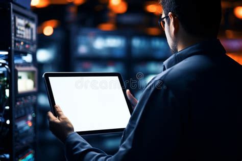 Ai Efficiency Check Electrician Audits Server Racks Using Mockup Tablet Stock Illustration