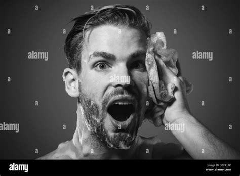 Handsome Guy Washing Body With Moisturizing Shower Gel Morning Routine Self Hygiene Skincare