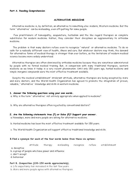 Reading Comprehension Alternative Medicine Herbalism