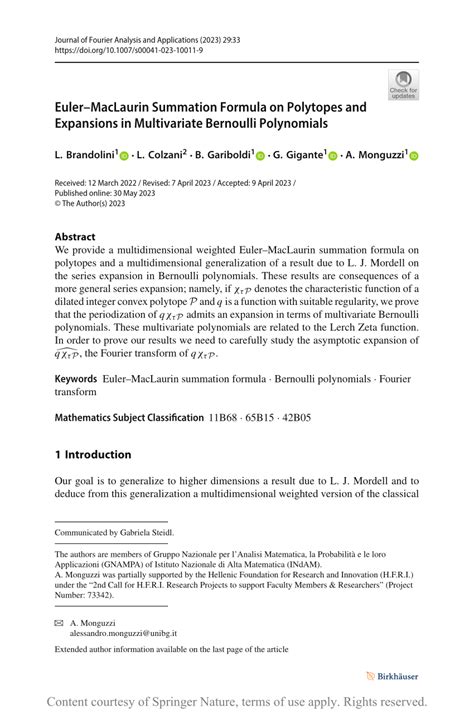 pdf euler maclaurin summation formula on polytopes and expansions in