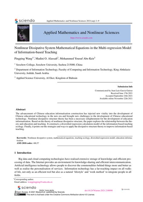 Pdf Nonlinear Dissipative System Mathematical Equations In The Multi Regression Model Of