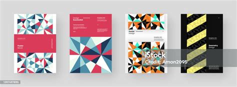 추상적인 기하학적 구성 그림이 있는 포스터 컬렉션입니다 잡지 표지에 대한 스톡 벡터 아트 및 기타 이미지 잡지 표지 책자