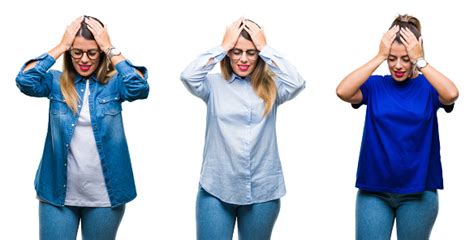 격리 된 배경 때문에 두통 절망과 스트레스에서 고통 위에 안경을 쓰고 젊은 아름 다운 여자의 콜라주 통증과 편두통 머리에 손입니다 갈색 머리에 대한 스톡 사진 및 기타