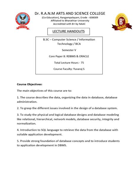 Rdbms And Oracle Lecture Notes Pdf Relational Database Relational Model