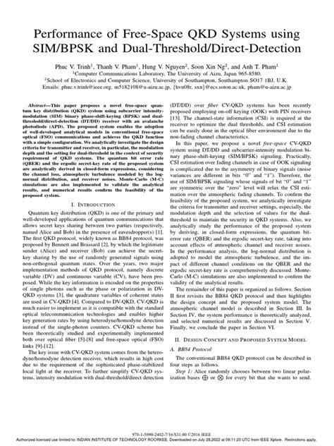 Performance Of Free Space Qkd Systems Using Sim Bpsk And Dual Threshold Direct Detection Pdf
